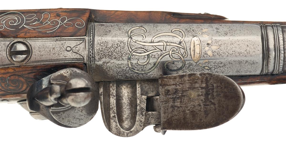 Silver Inlaid A. Bini Marked Flintlock Pistol with Fancy Silver Inlay Stock