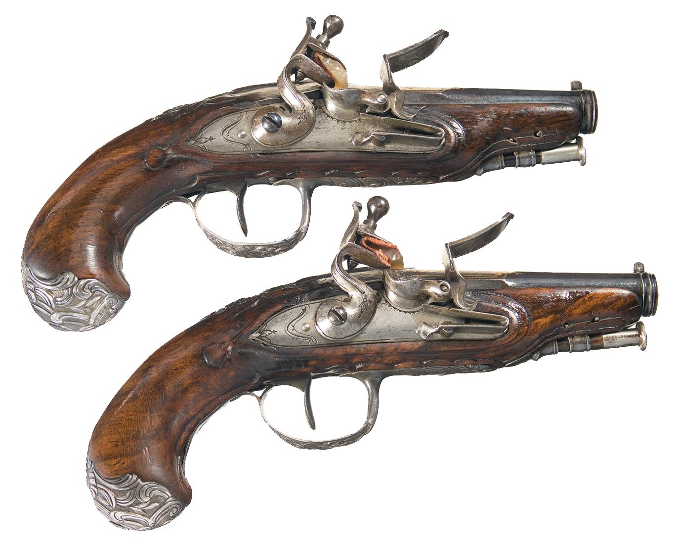 Fine Pair of Gold Embellished and Silver Mounted Tordu Marked Flintlock ...