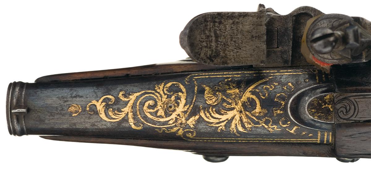 Fine Pair of Gold Embellished and Silver Mounted Tordu Marked Flintlock ...