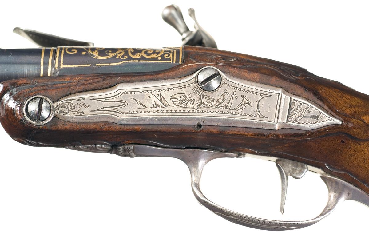 Pair of Unmarked Gold Inlaid Silver Mounted Screw Barrel Flintlock ...