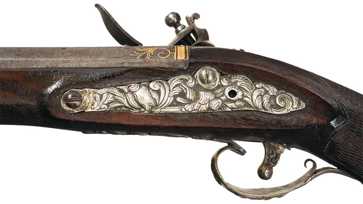 French Half Stock Flintlock Fowler with Gold Inlaid Damascus Barrel and ...