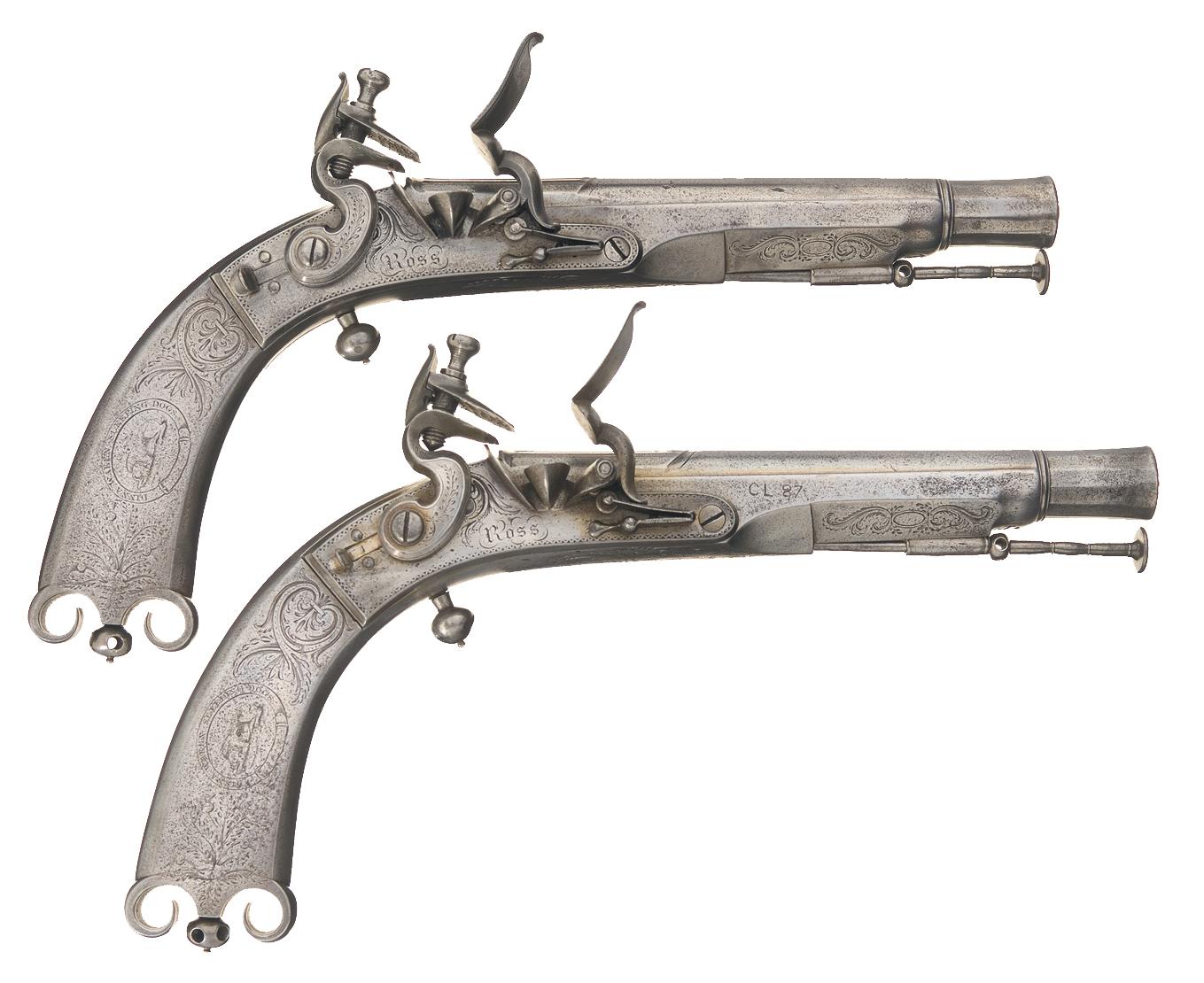 Pair of Fine Ross Scottish Metal Flintlock Pistols A) Ross Scottish ...