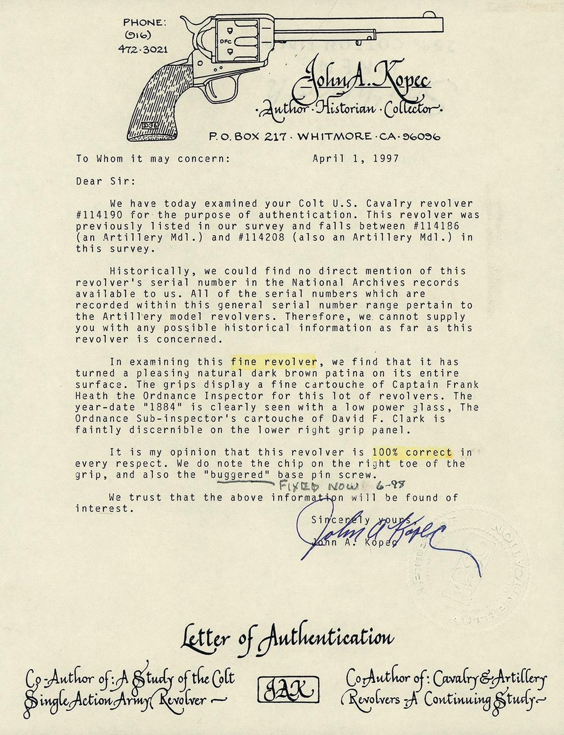 U.S. Colt Model 1873 Cavalry Revolver with Kopec Letter