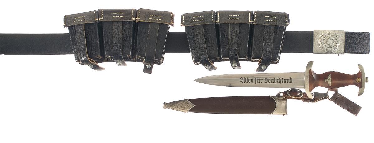 One SA Dagger with Sheath and a German Military Belt with Pouches