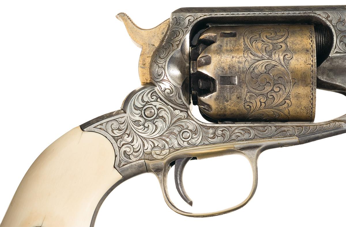 Engraved Gold and Silver Remington New Model Army Revolver with Ivory Grips