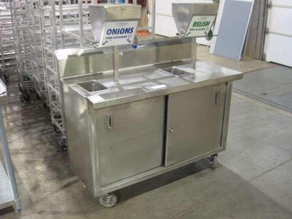 STAINLESS STEEL CONDIMENT TABLE ON CASTERS