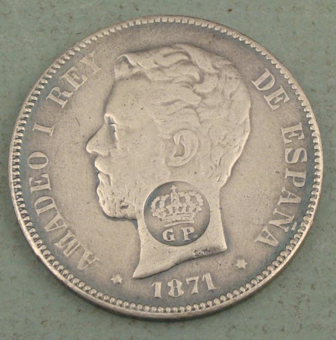 1871 SDM Spain 5 Pesetas Silver Coin w/ Counter Stamp