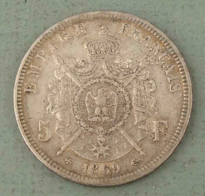 1869 France 5 Franc Antique French Coin - Nice