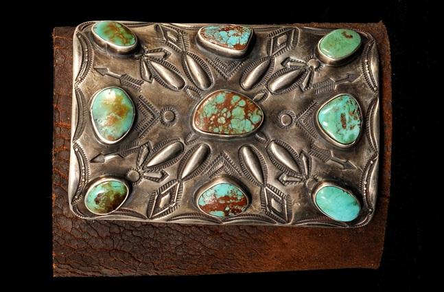 Navajo Hand Stamped Silver Ketoh (Bow Guard) Set with Nine Cerrillos ...