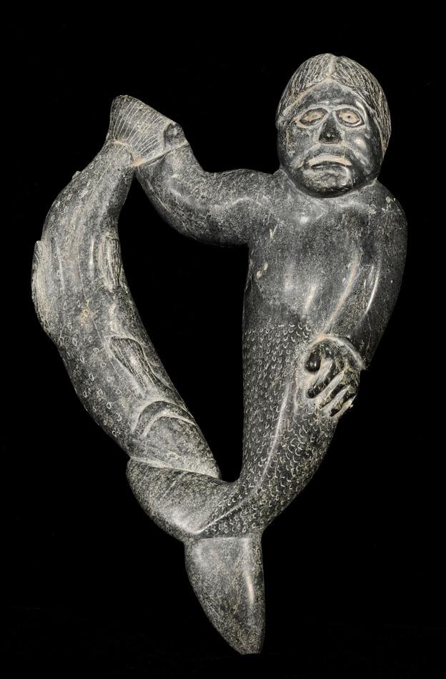 Davide Aluk Inuit Sculpture of a Sedna with Fish E9-824 10 1/2" L. 6 1/ ...