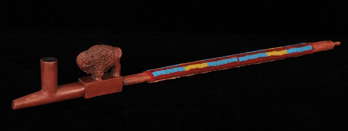 Standing Rock Sioux Catlinite Buffalo Effigy Pipe with Red Stroud Cloth ...