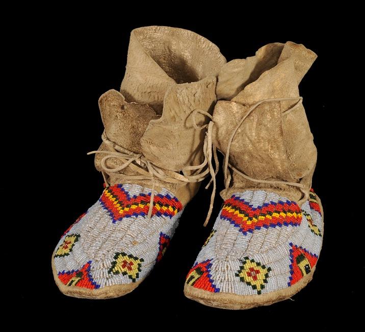 Pair of Plains Beaded High Top Moccasins with Geometric Motif 10" L ...