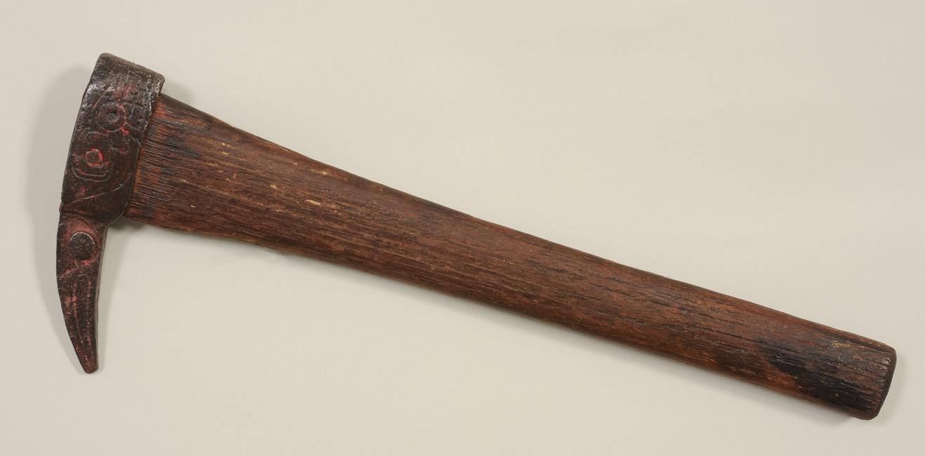 Northwest Coast Iron Pick with Two Wolf Heads and Raven with Beak ...