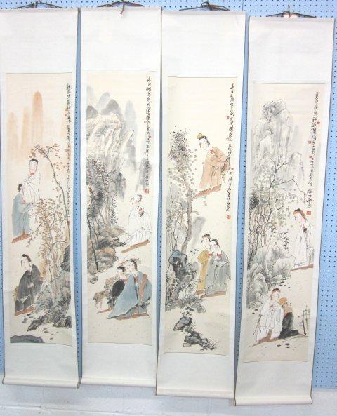 4 scrolls with figures & trees