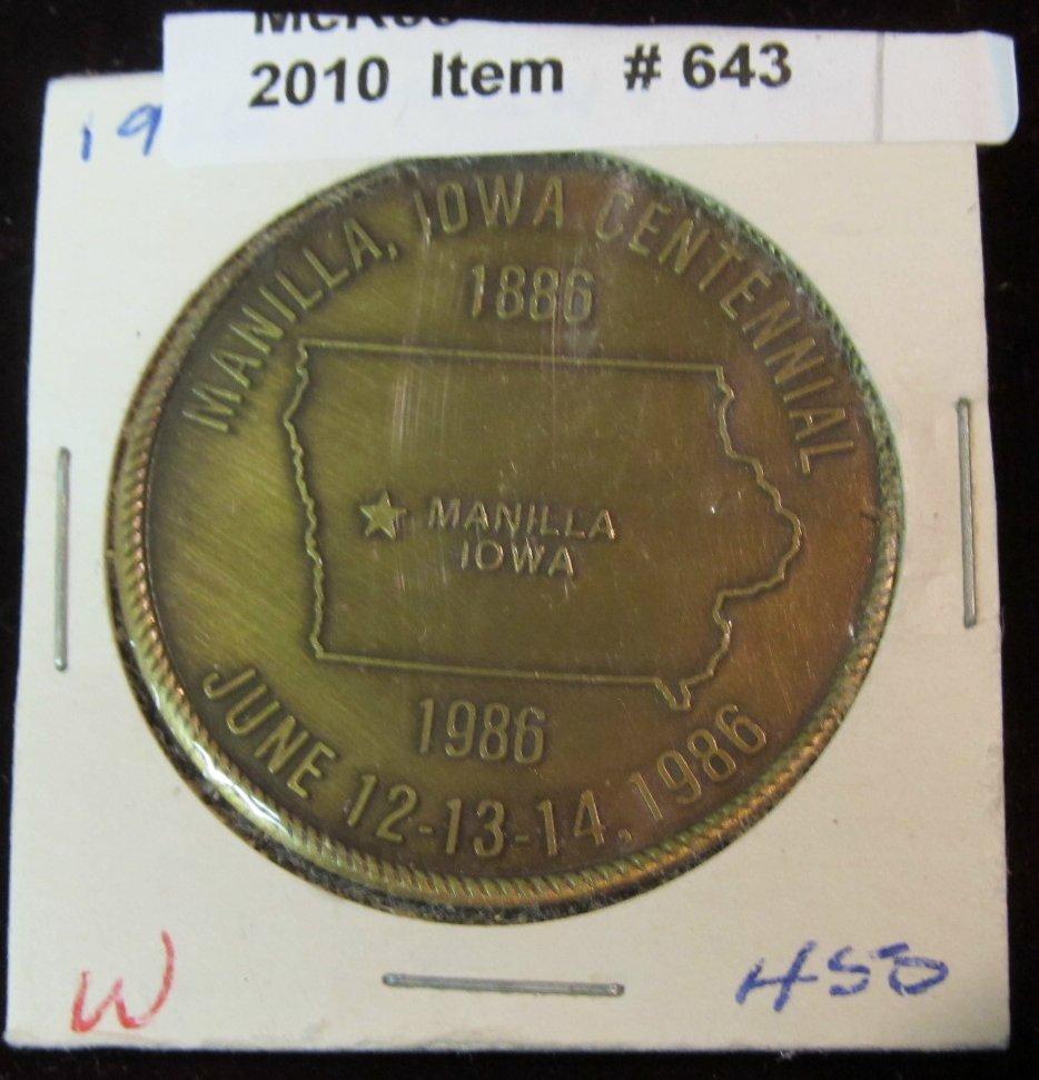 643. 1886-1986 Manilla, Ia. Centennial Medal. 39mm