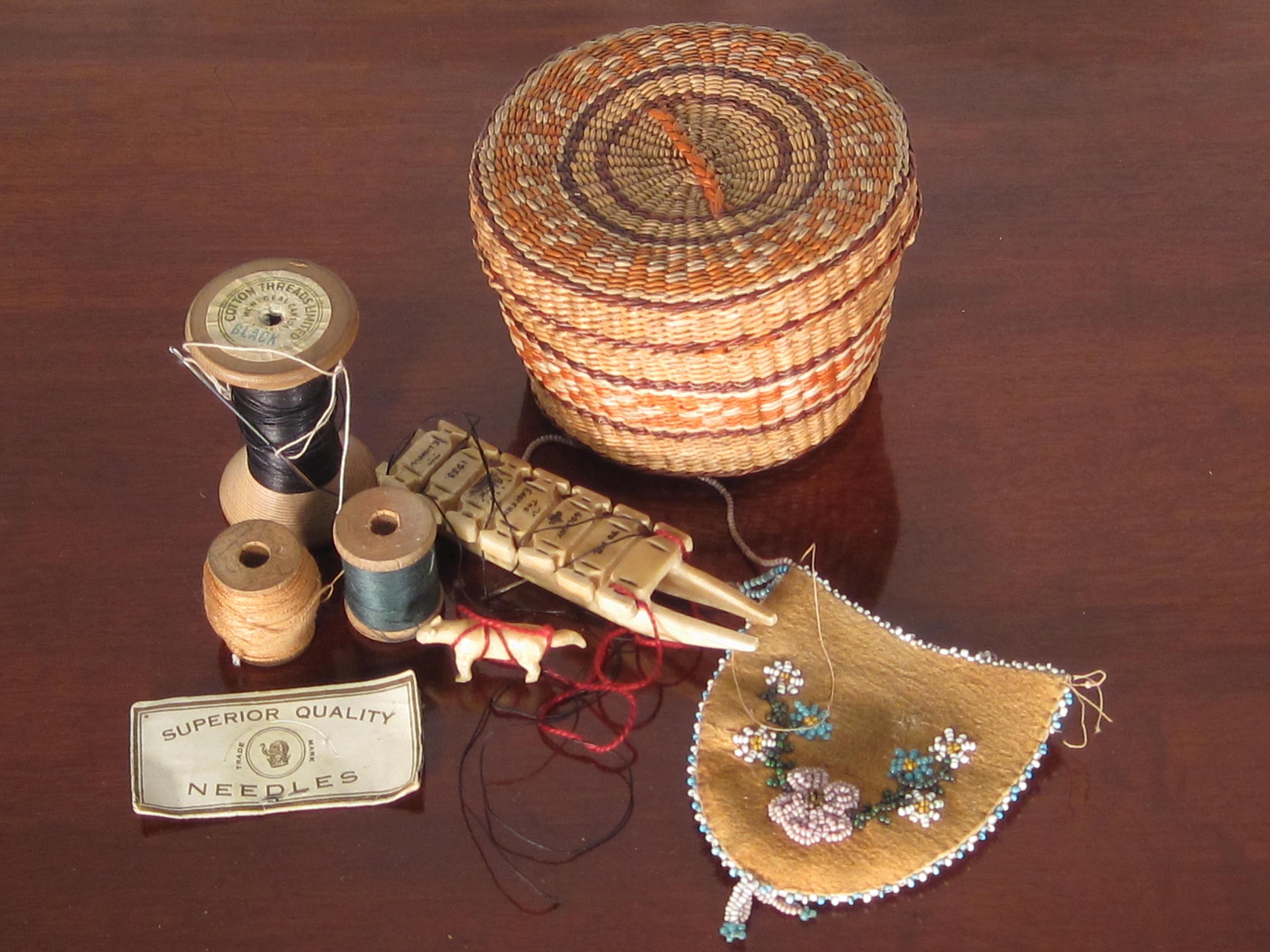 First-Nations sewing basket with sewing supplies, small. 3"x 3"