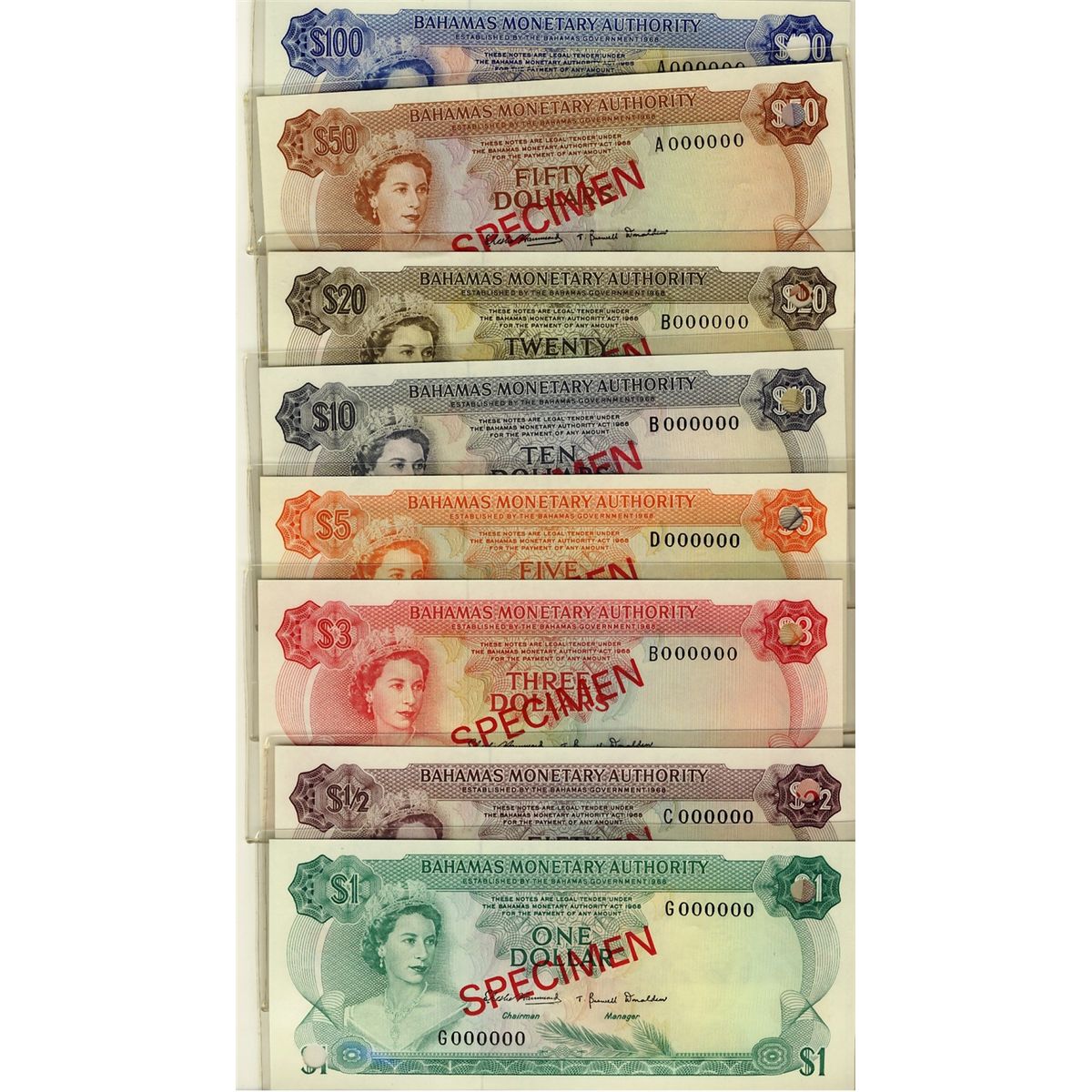 Bahamas Banknotes, includes Bahamas 8 note 1968 Specimen set . All ...