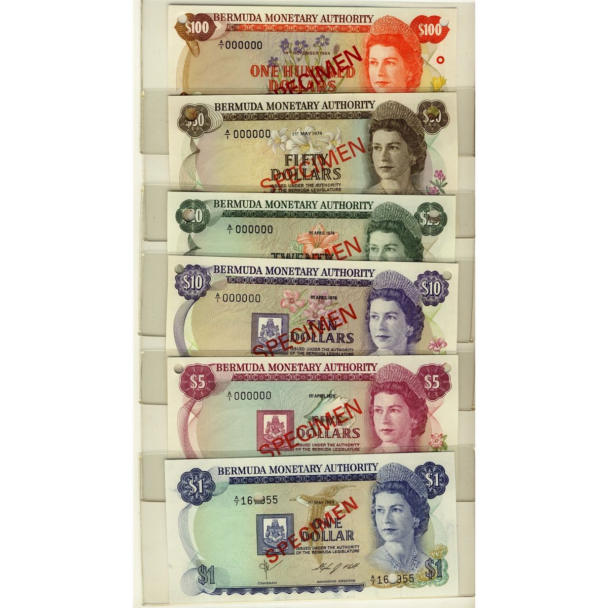 Bermuda Banknotes 6 note 1984 Specimen Set. All notes UNC.