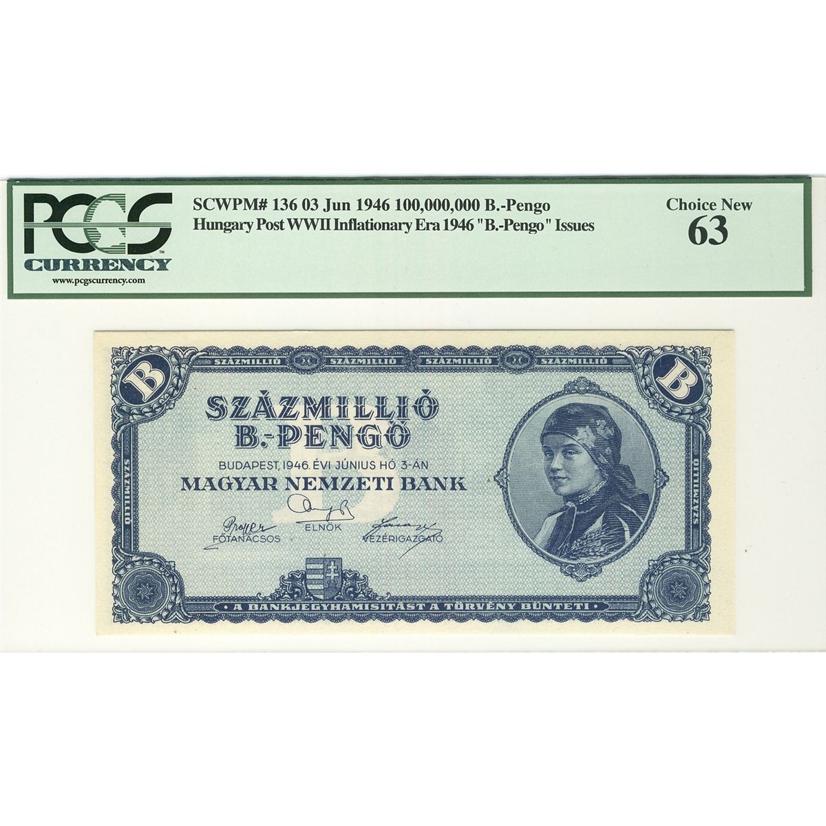 Hungary Post WWII 1946 100 Million B. Pengo #136 PCGS UNC63