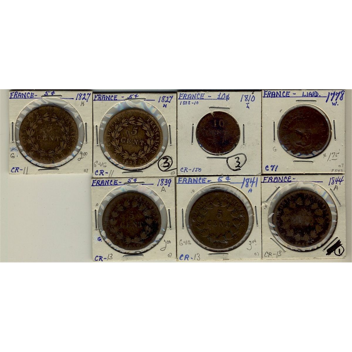 France 1778 Lird, 1810 10 cent, 1827 5 cent((2), 1839, 1841 & 1844 5 ...