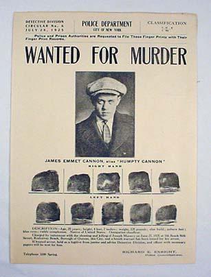 1925 WANTED FOR MURDER POSTER / NEW YORK POLICE DE