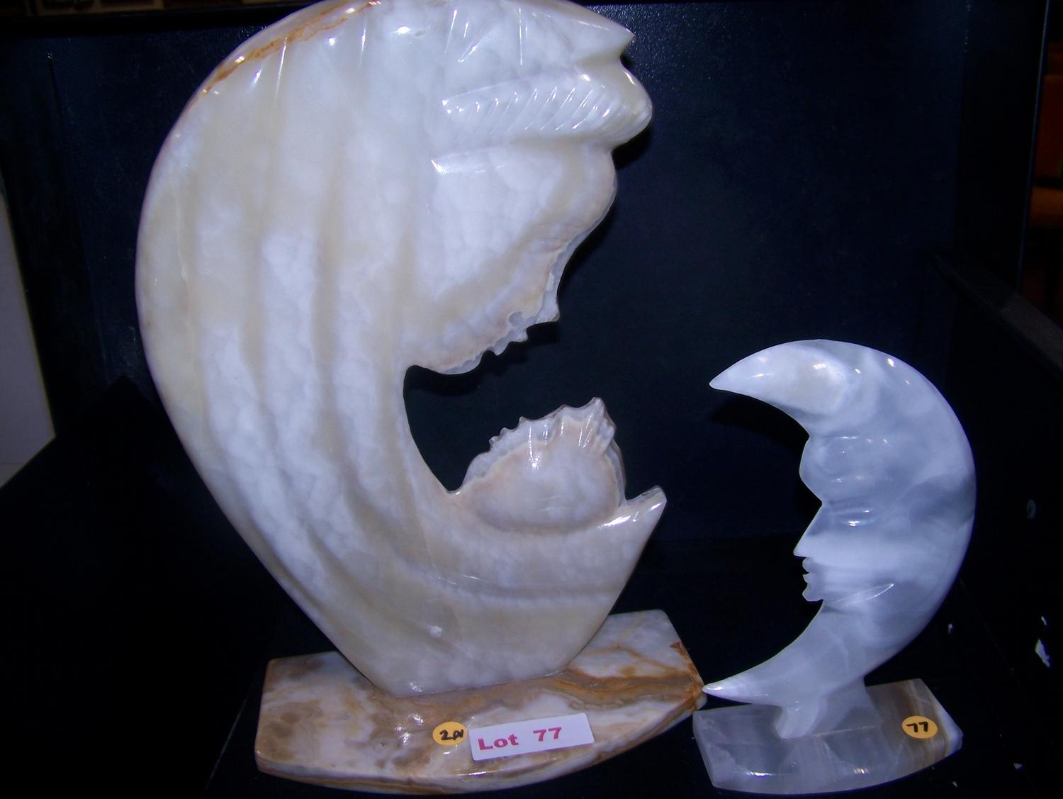 (2) piece Alabaster stone statue. 1. Mother & Child; 1. Cresent Moon