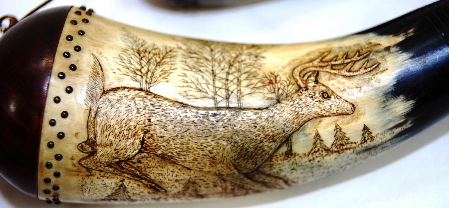 Pair of 2 Vintage Powder Horns, with Ornately Carved Scenes