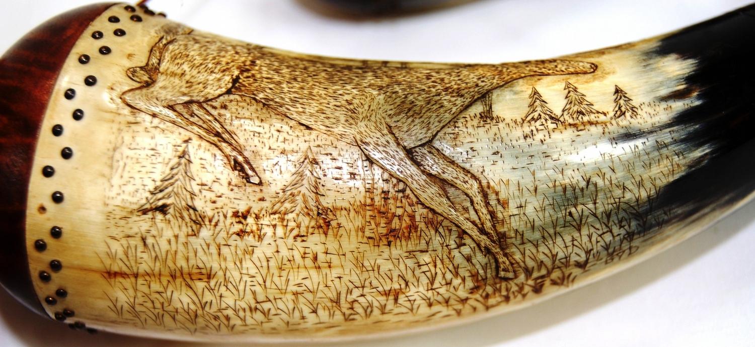 Pair of 2 Vintage Powder Horns, with Ornately Carved Scenes