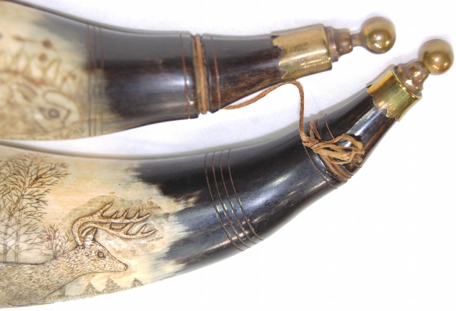 Pair of 2 Vintage Powder Horns, with Ornately Carved Scenes