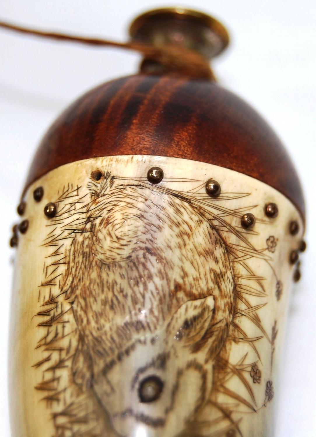 Pair of 2 Vintage Powder Horns, with Ornately Carved Scenes