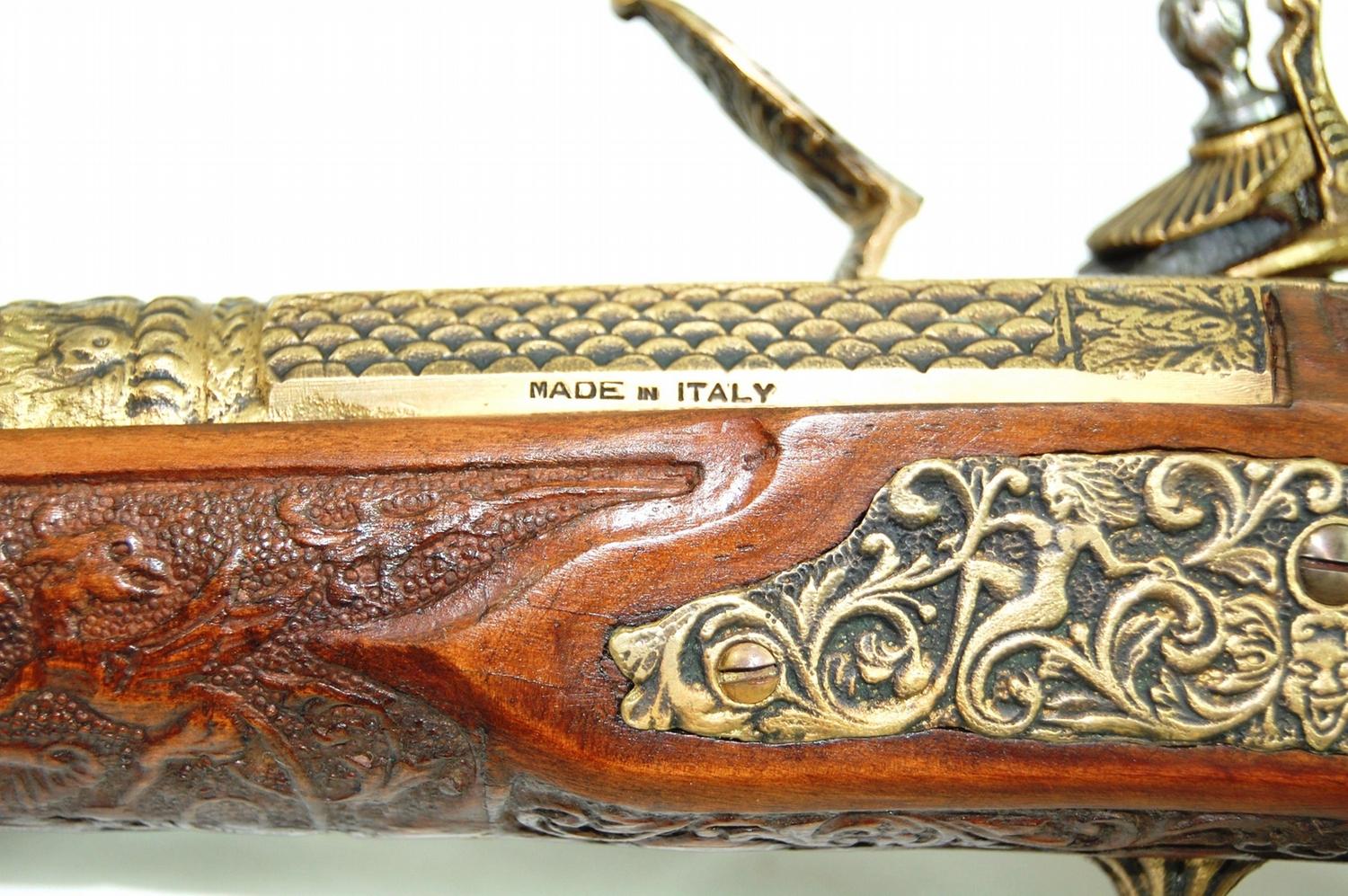 Italian Replica Flintlock Cased Set, w/ Carved Wood Stock & Accoutrements