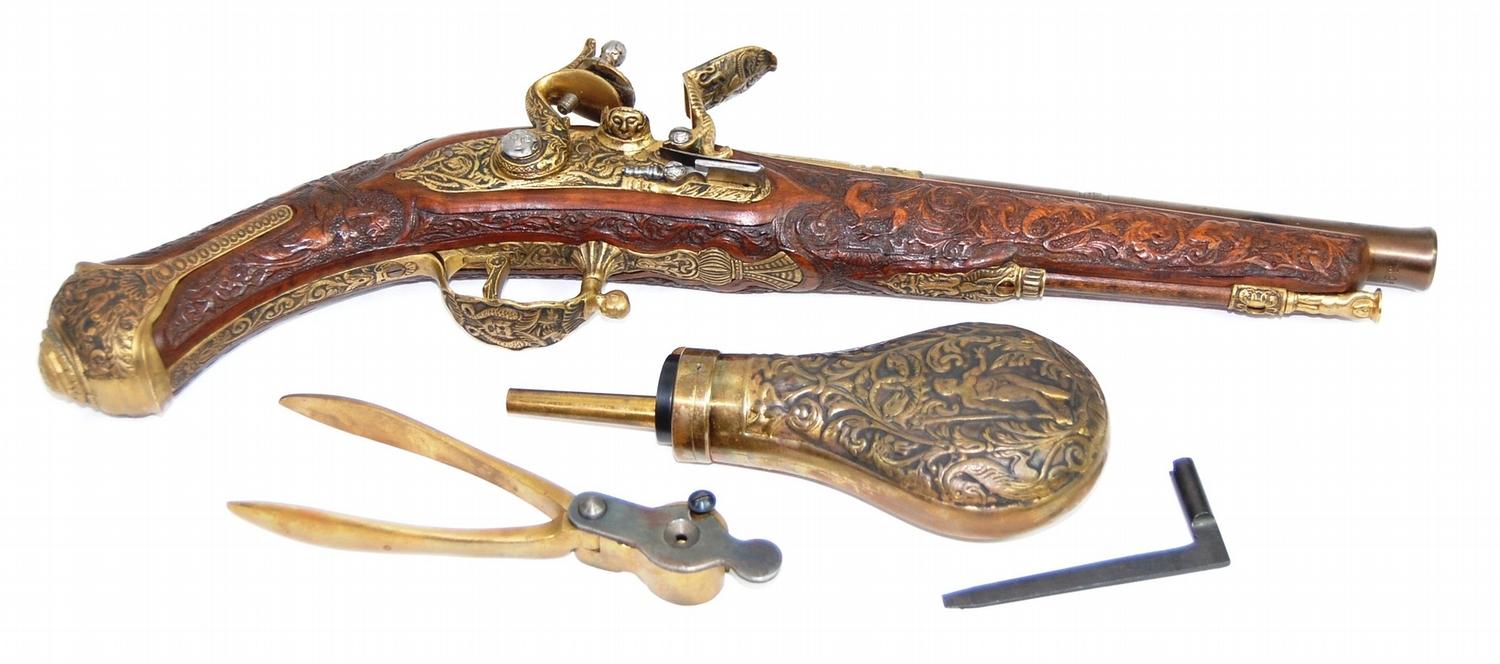 Italian Replica Flintlock Cased Set, w/ Carved Wood Stock & Accoutrements