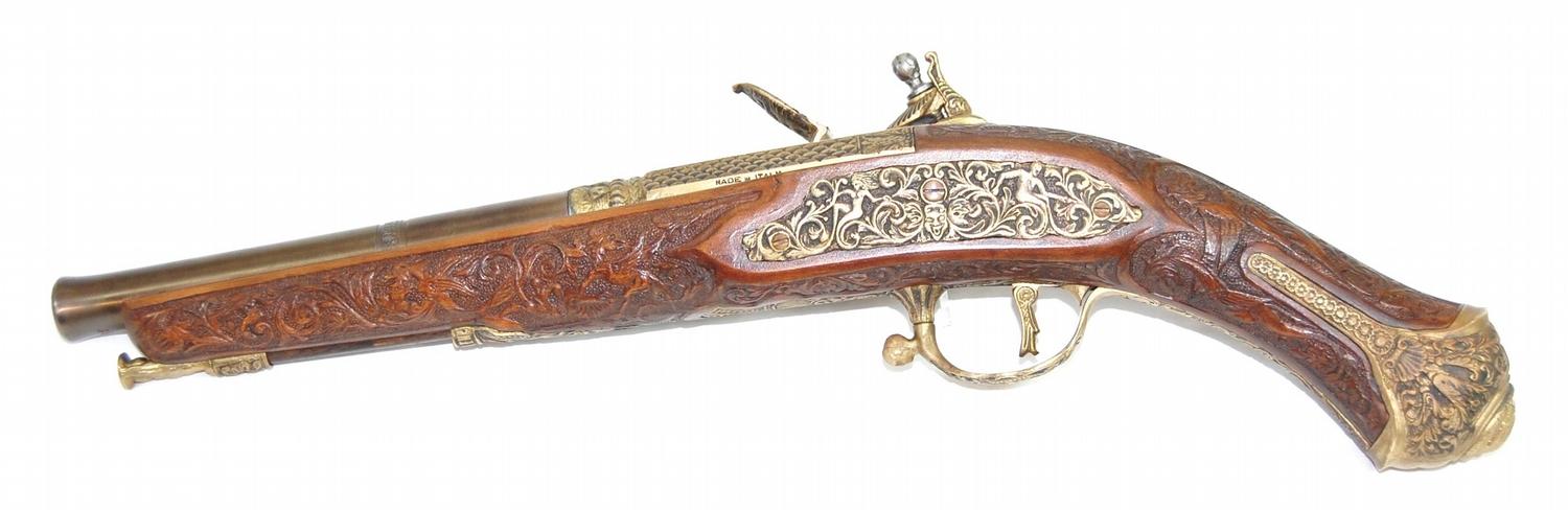 Italian Replica Flintlock Cased Set, w/ Carved Wood Stock & Accoutrements