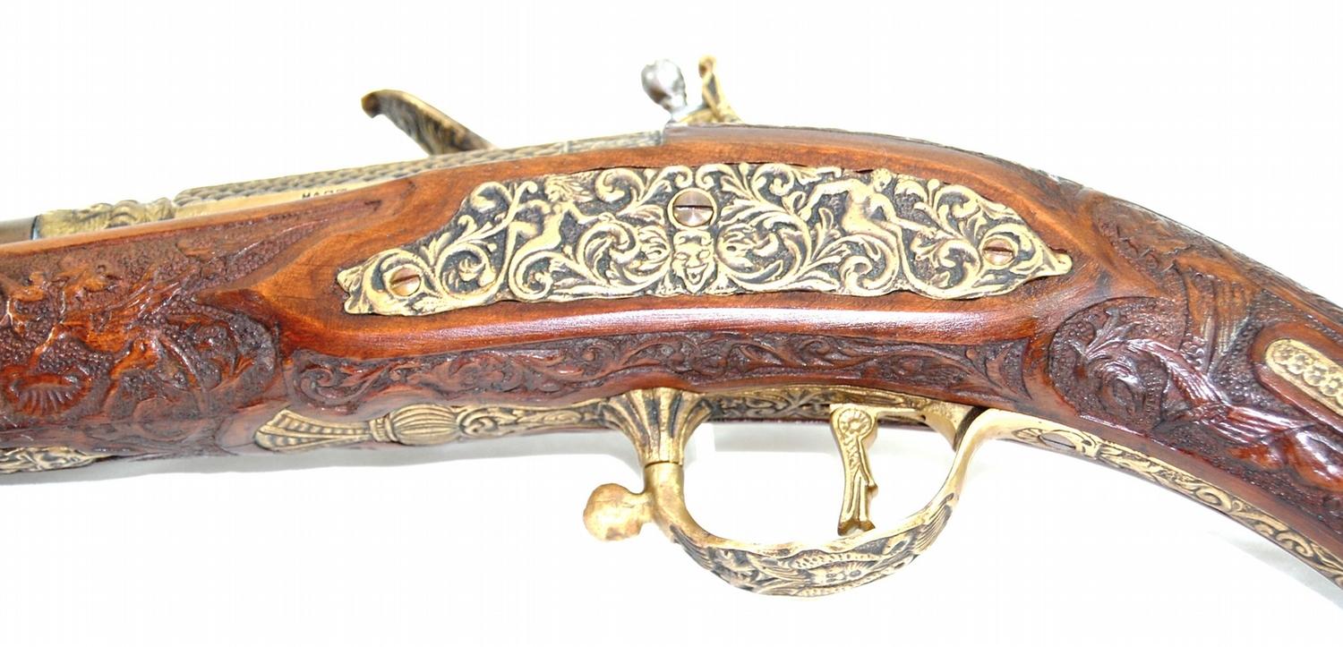 Italian Replica Flintlock Cased Set, w/ Carved Wood Stock & Accoutrements