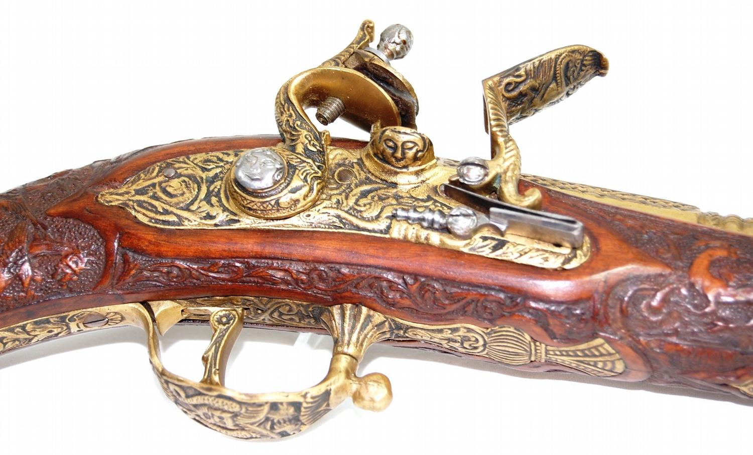 Italian Replica Flintlock Cased Set, w/ Carved Wood Stock & Accoutrements