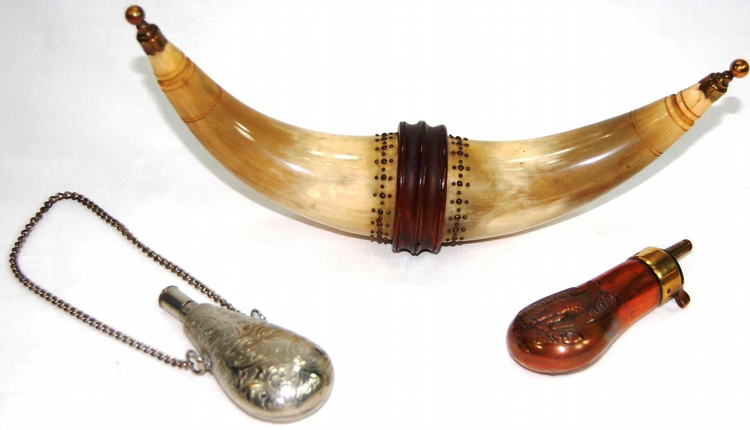 Lot of 3 Vinatge Black Powder Horns & Flasks