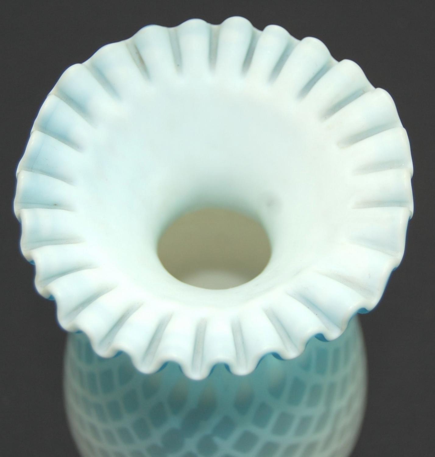 Matching Pair of Antique Powder Blue Cased Satin Glass Fluted Vases