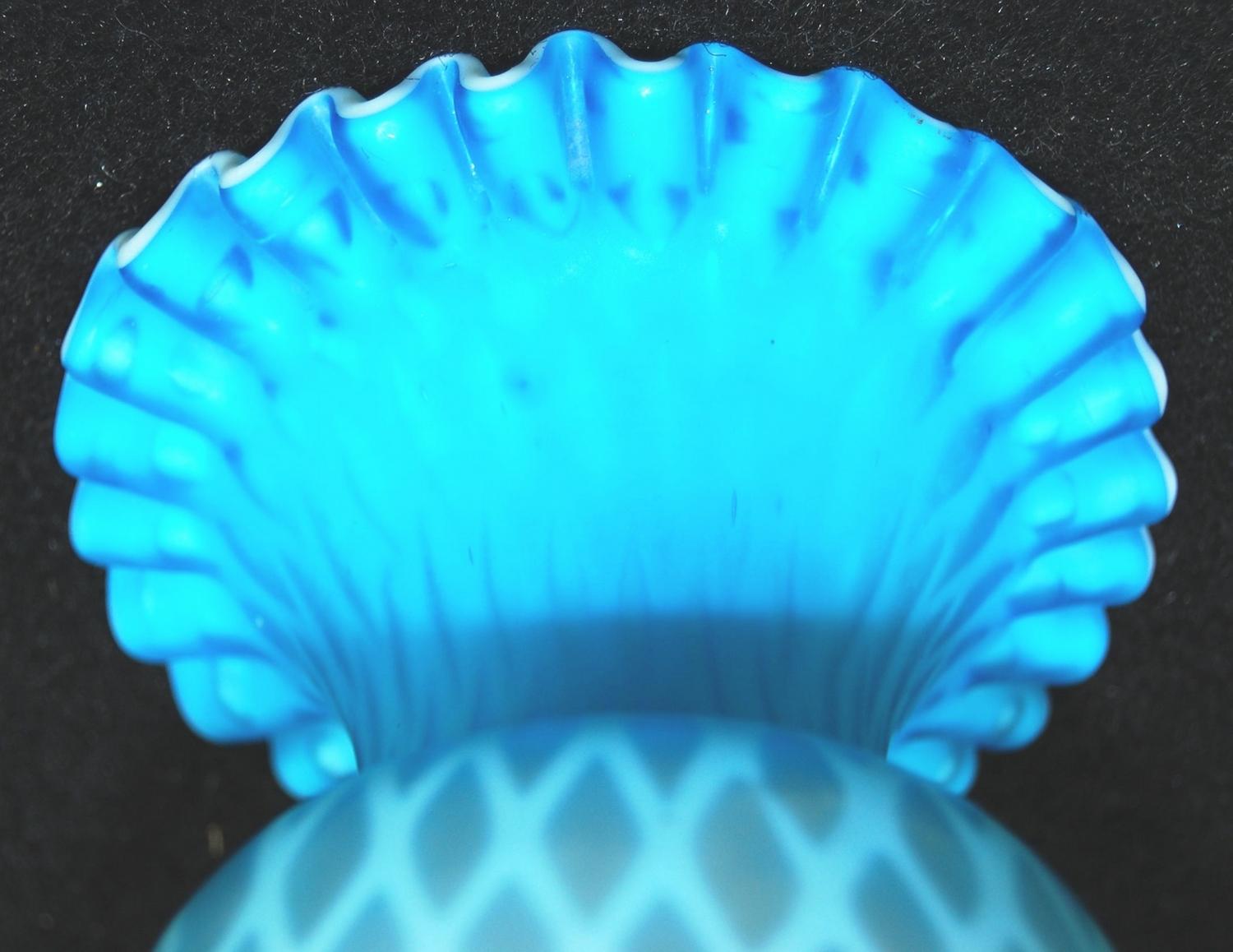 Matching Pair of Antique Powder Blue Cased Satin Glass Fluted Vases