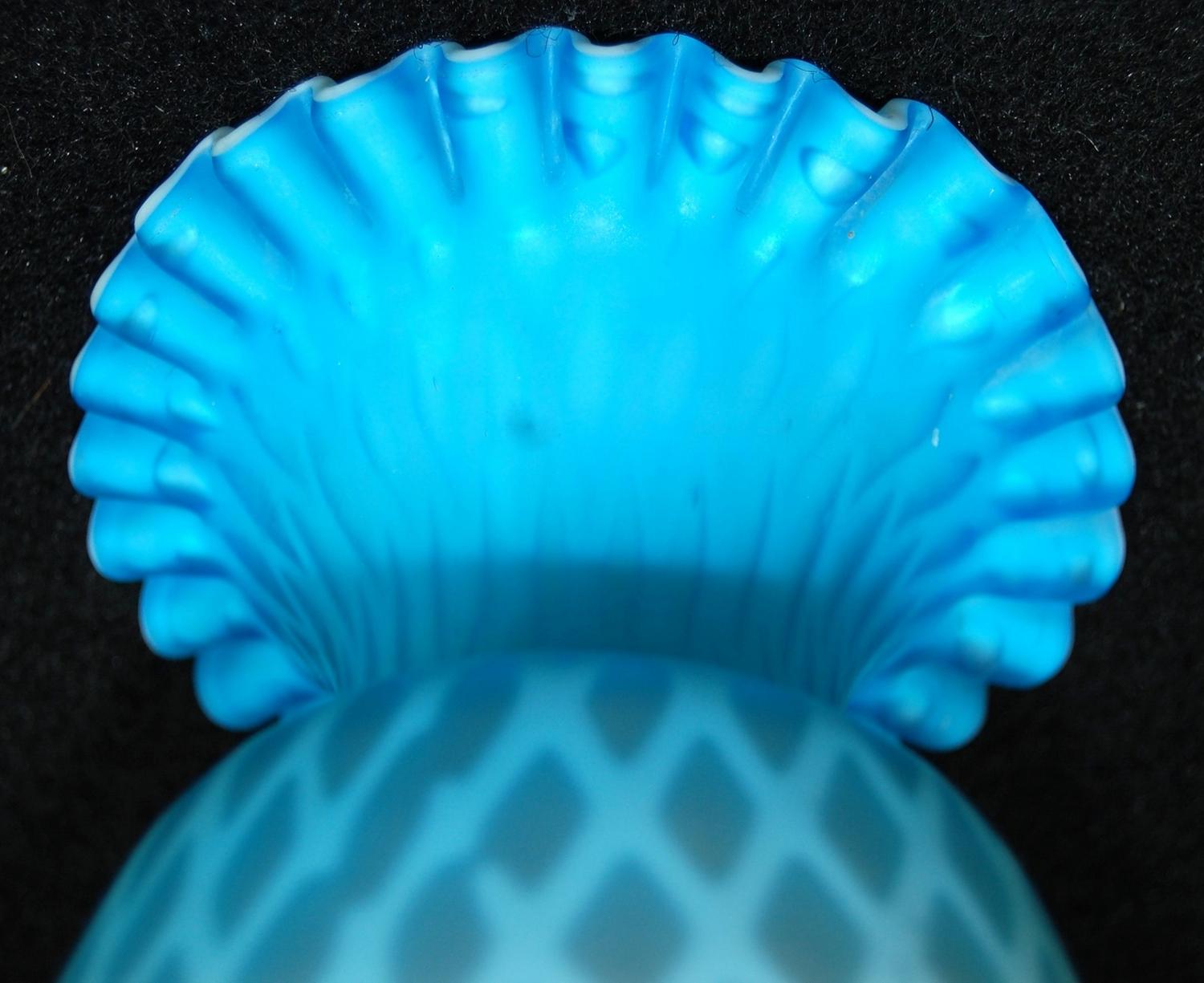 Matching Pair of Antique Powder Blue Cased Satin Glass Fluted Vases