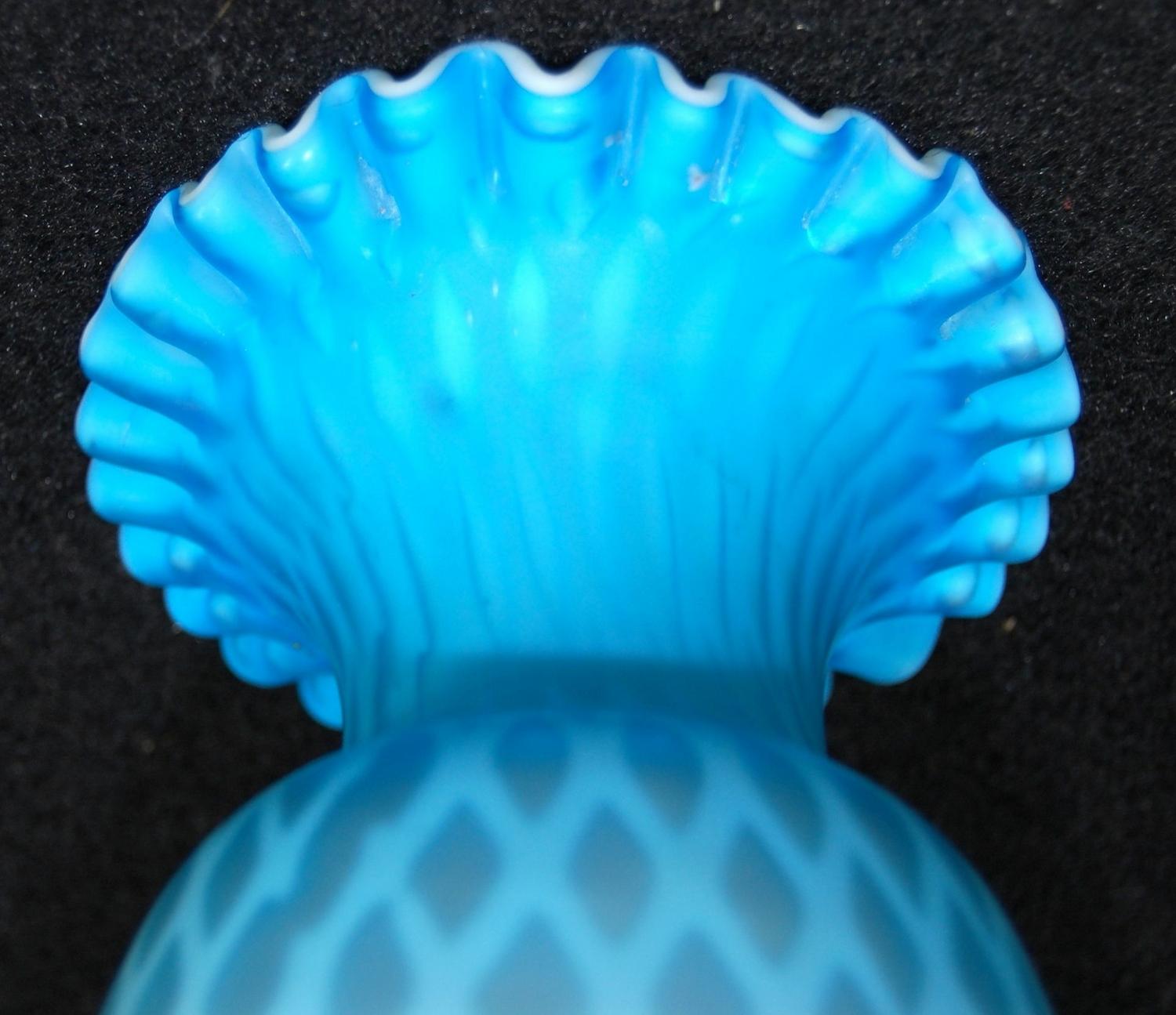 Matching Pair of Antique Powder Blue Cased Satin Glass Fluted Vases