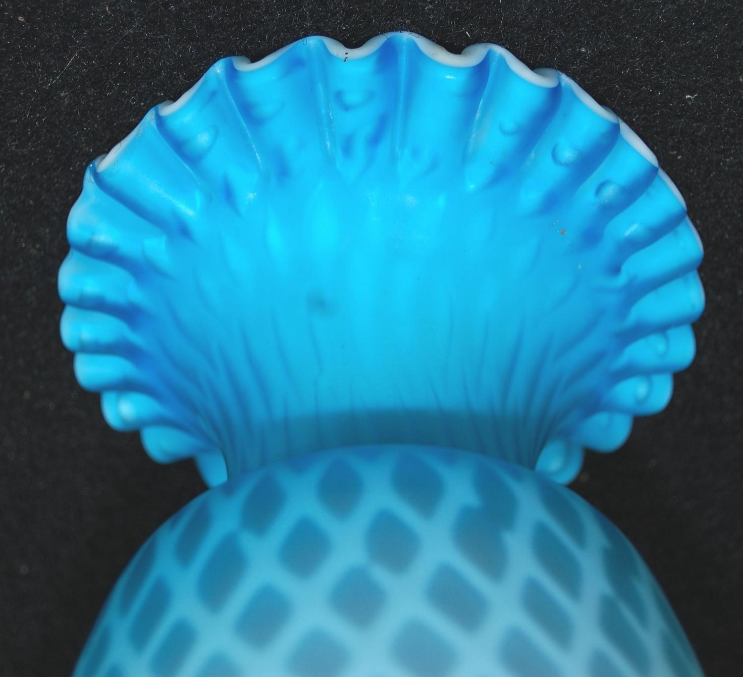 Matching Pair of Antique Powder Blue Cased Satin Glass Fluted Vases