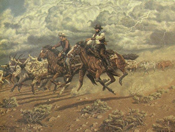 3 Framed 1973 Cowboy Prints by Joe Grandee