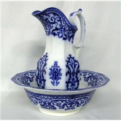 Antique Flow Blue Pitcher and Basin
