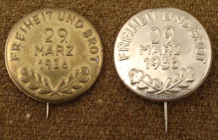 2 ORIGINAL NAZI ELECTION PINS-FREIHEIT UND BROT 1936