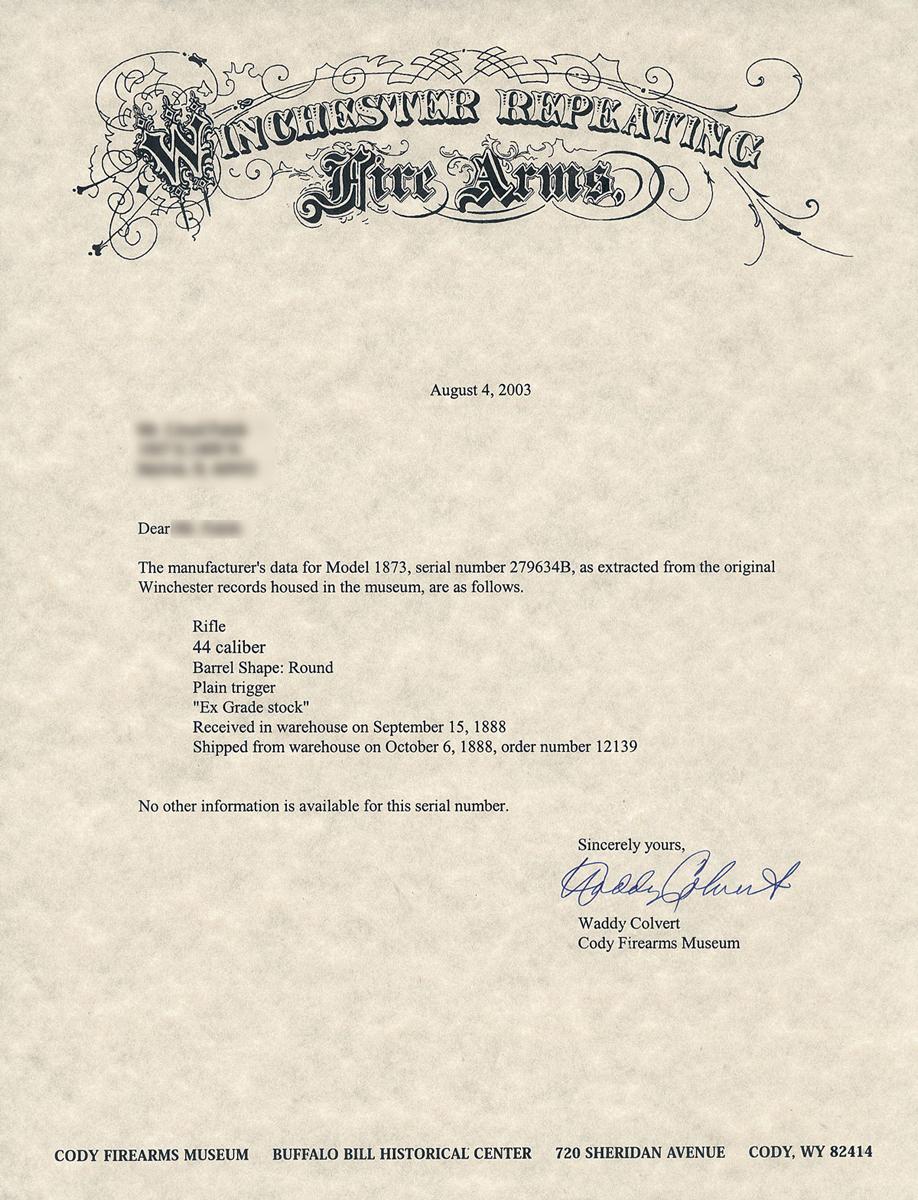 Winchester Third Model 1873 Lever Action Rifle with Cody Letter