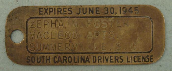 1945 Vintage Womans South Carolina Drivers License Tag