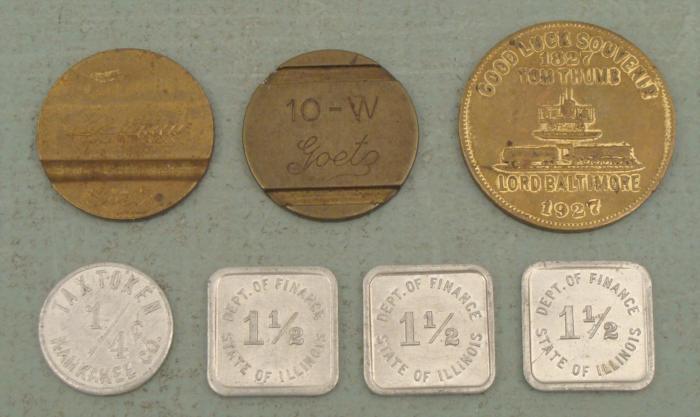 7 Old IL Tax, Goetz Telephone, Railroad B & O Tokens
