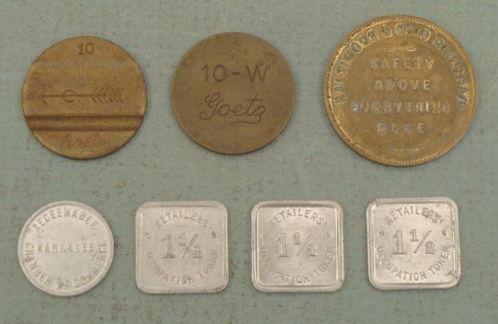 7 Old IL Tax, Goetz Telephone, Railroad B & O Tokens