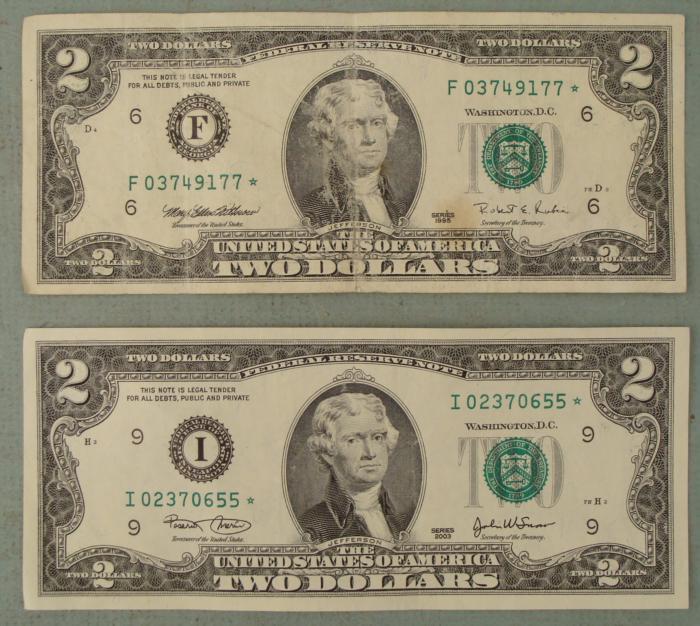 2 Star Notes $2 Two Dollar Bill 1995 F Mint 2003 I Mint
