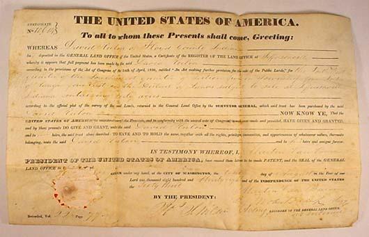 1838 UNITED STATES LAND GRANT SIGNED BY PRESIDENT